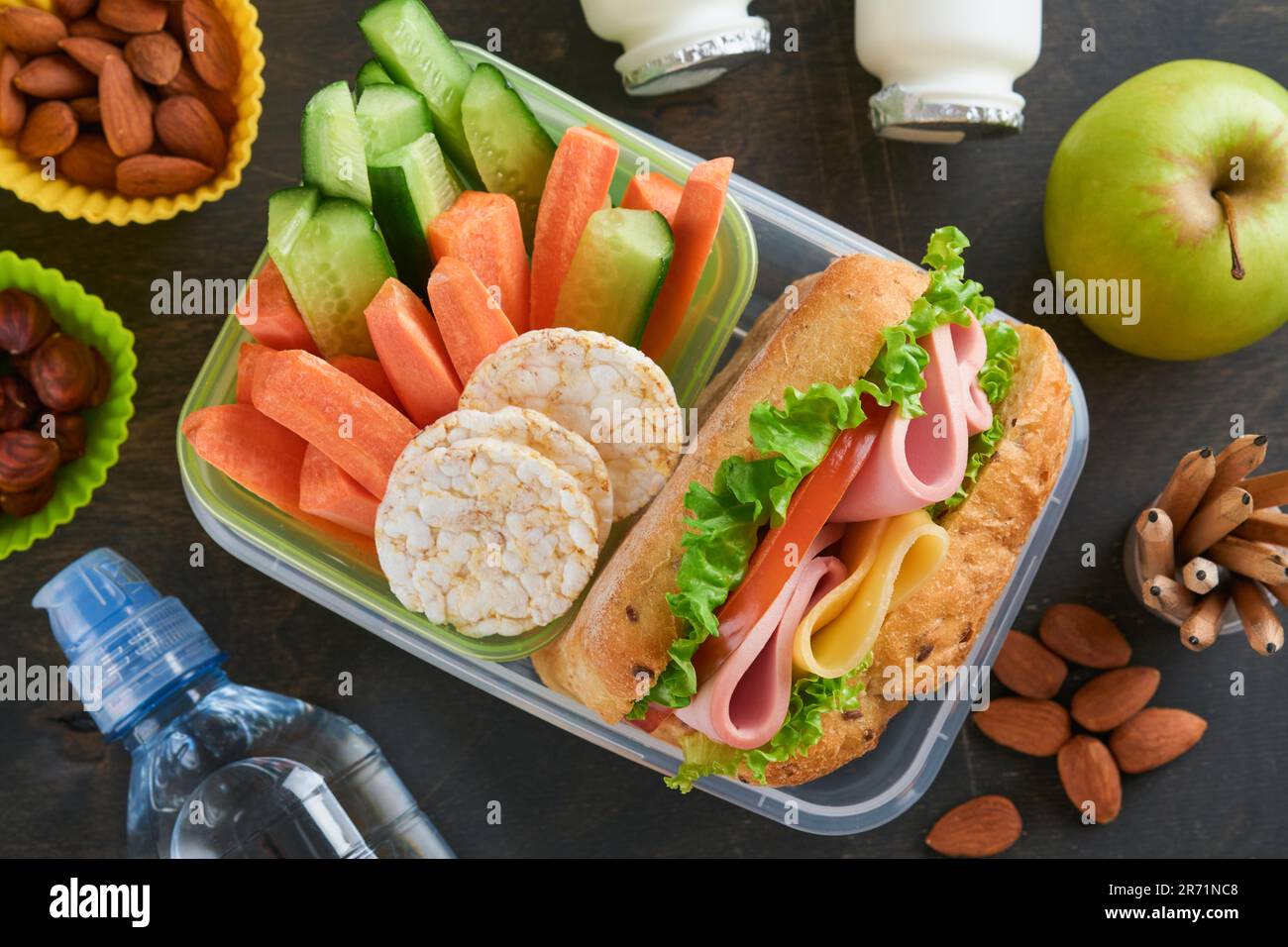 Healthy food for school lunch concept. Healthy bread, meat sandwich ...