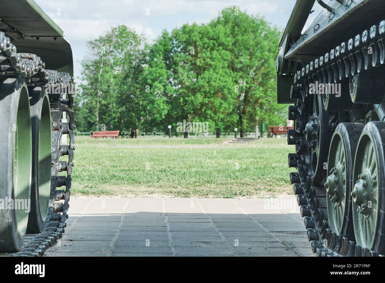 MOGILEV, BELARUS MAY 21 2023 Old tank. Wheels and track closeup and ...