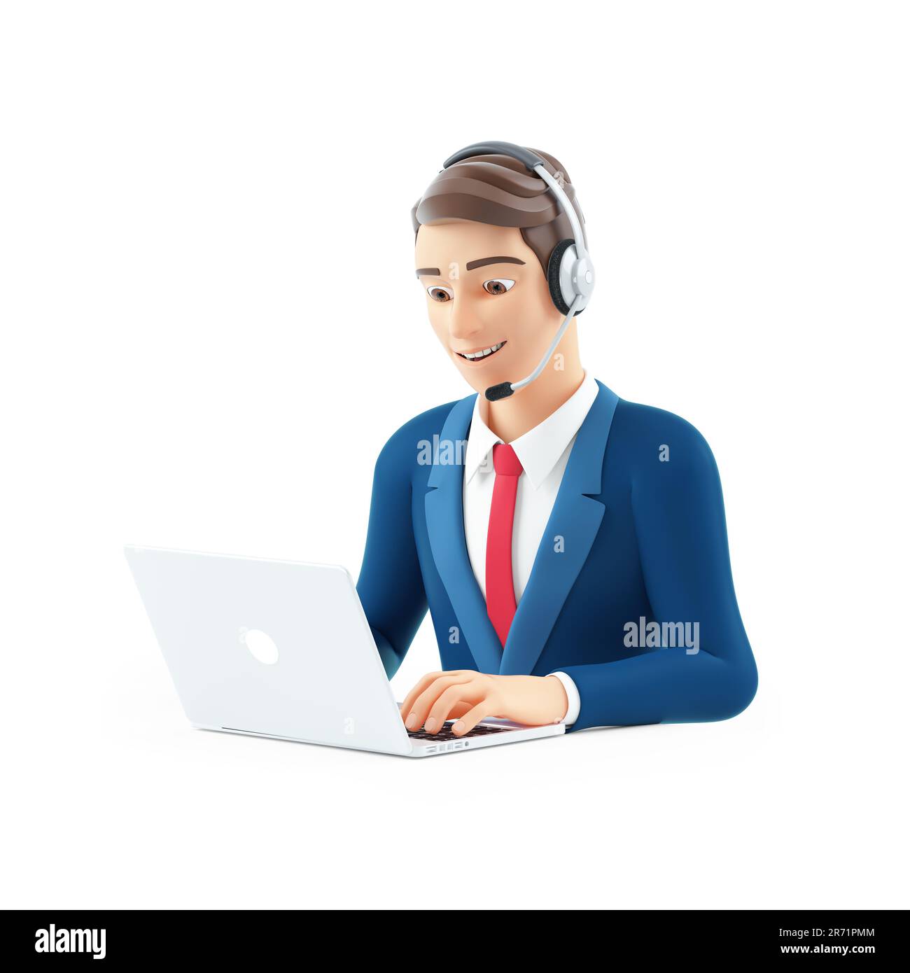 3d cartoon businessman with headset working on laptop, illustration ...
