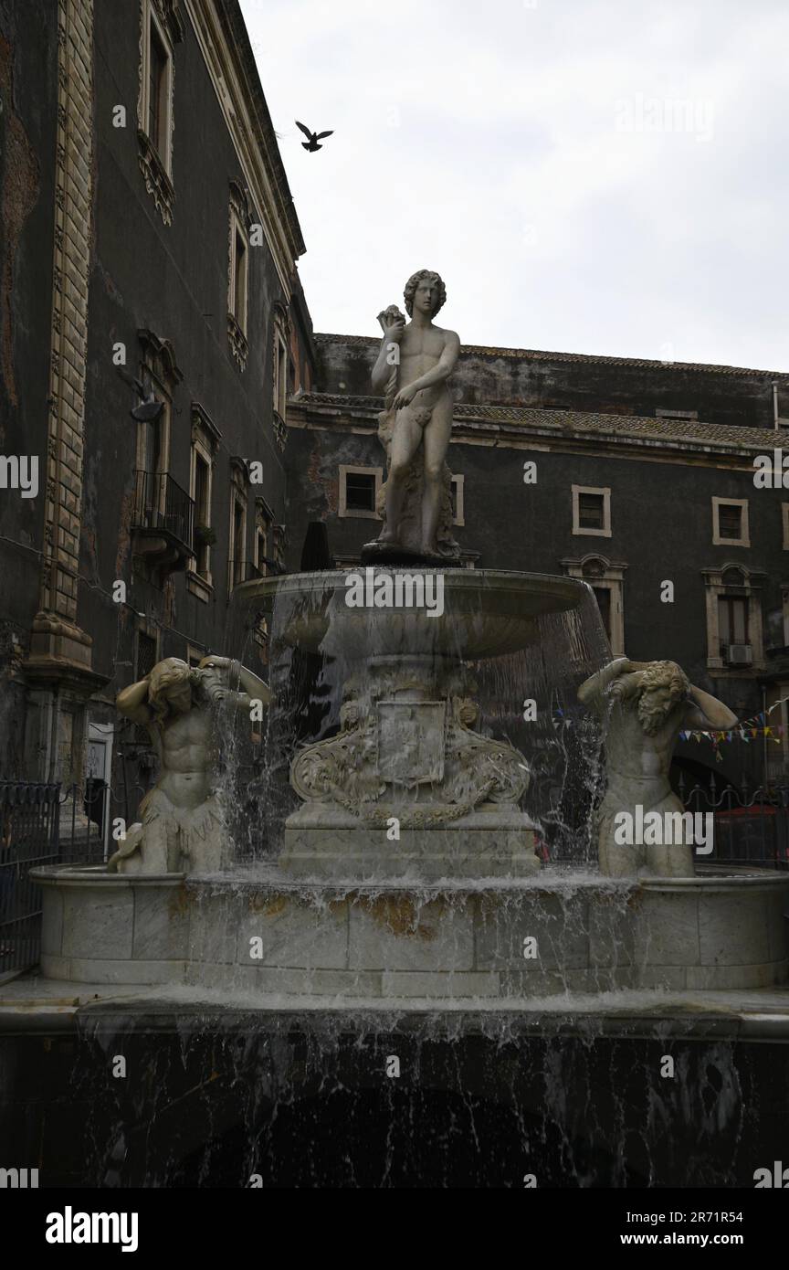 Cityscape with scenic view of the Carrara marble Fontana dell'Amenano a water fountain and ...