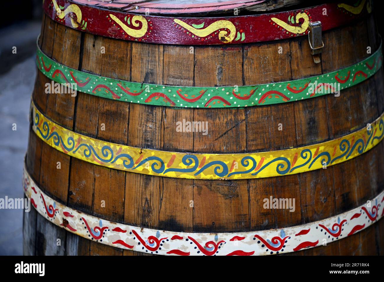 Antique oak wine barrel with hand painted bilge, quarter and head hoops ...