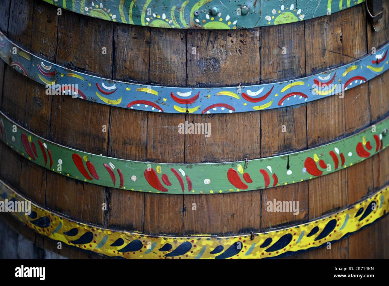 Antique oak wine barrel with hand painted bilge, quarter and head hoops ...