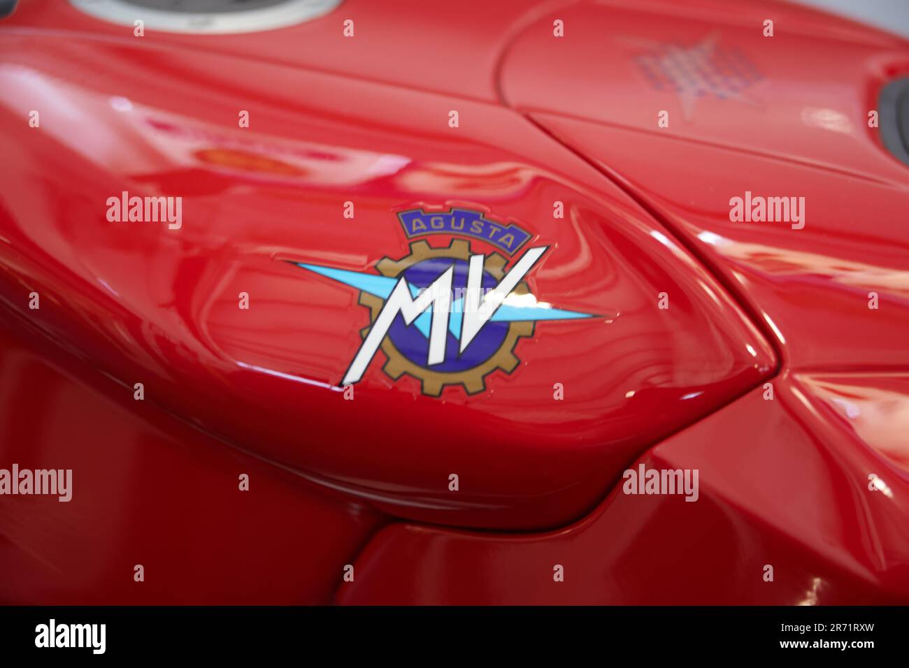 Close up detail of The MV Agusta F4 Superbike is an inline four-cylinder sport bike made by MV ...