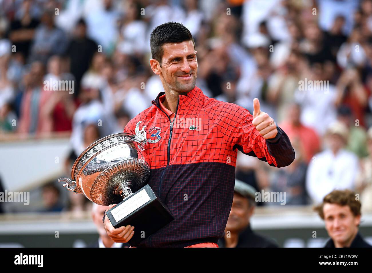 Paris, France. 11th June, 2023. Novak Djokovic with the trophy ("La ...