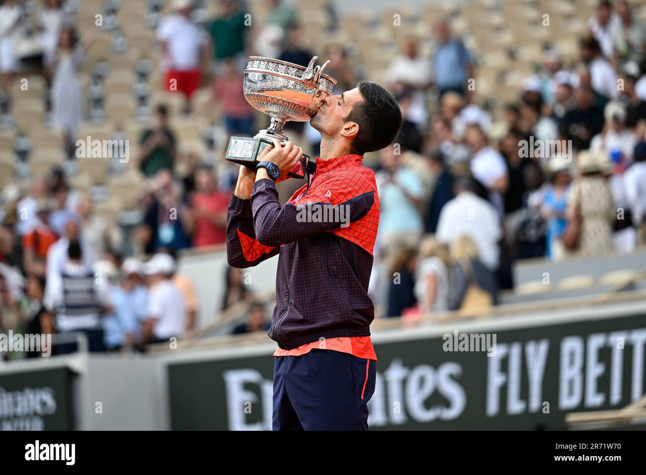 Paris, France. 11th June, 2023. Novak Djokovic with the trophy ("La ...