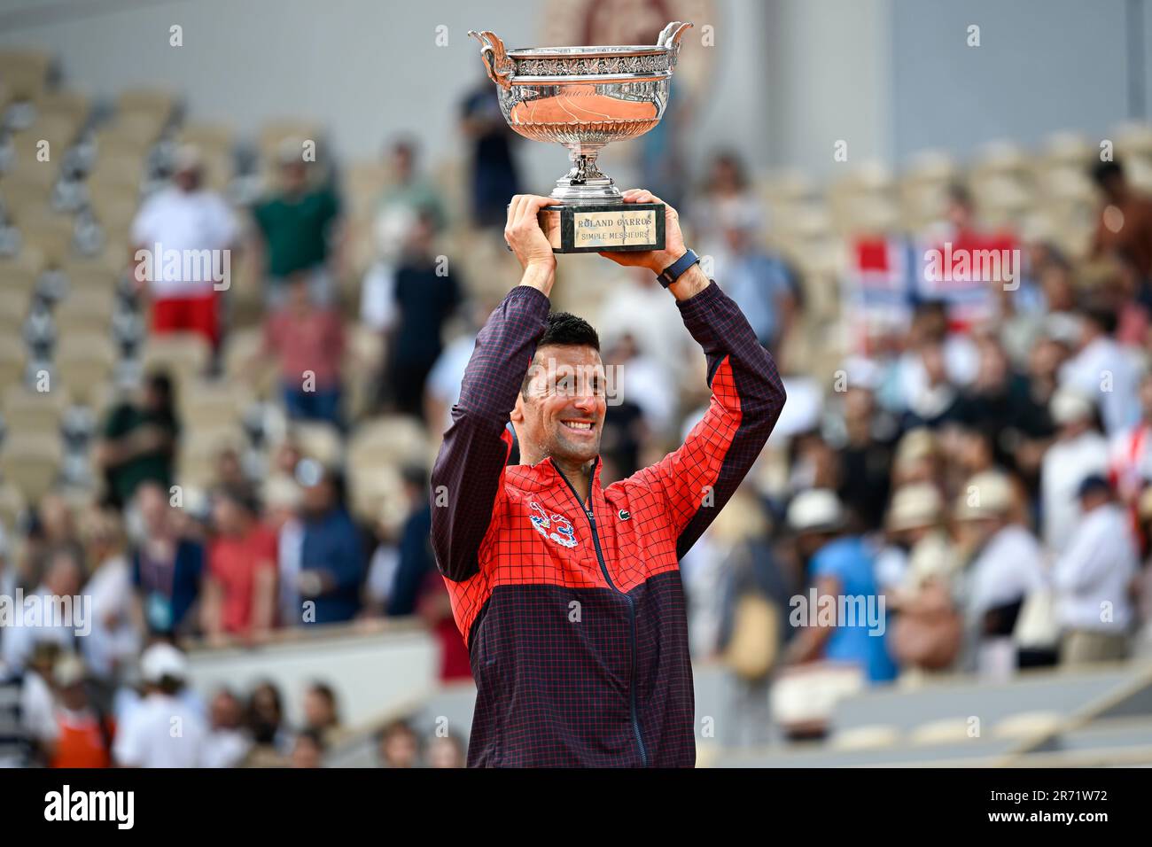 Paris, France. 11th June, 2023. Novak Djokovic with the trophy ("La ...