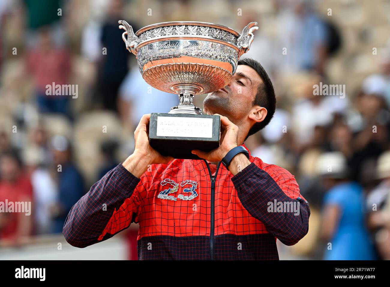 Paris, France. 11th June, 2023. Novak Djokovic with the trophy ("La ...
