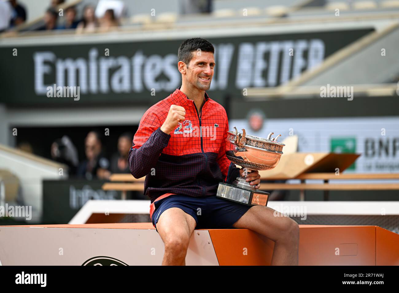 Paris, France. 11th June, 2023. Novak Djokovic with the trophy ("La ...