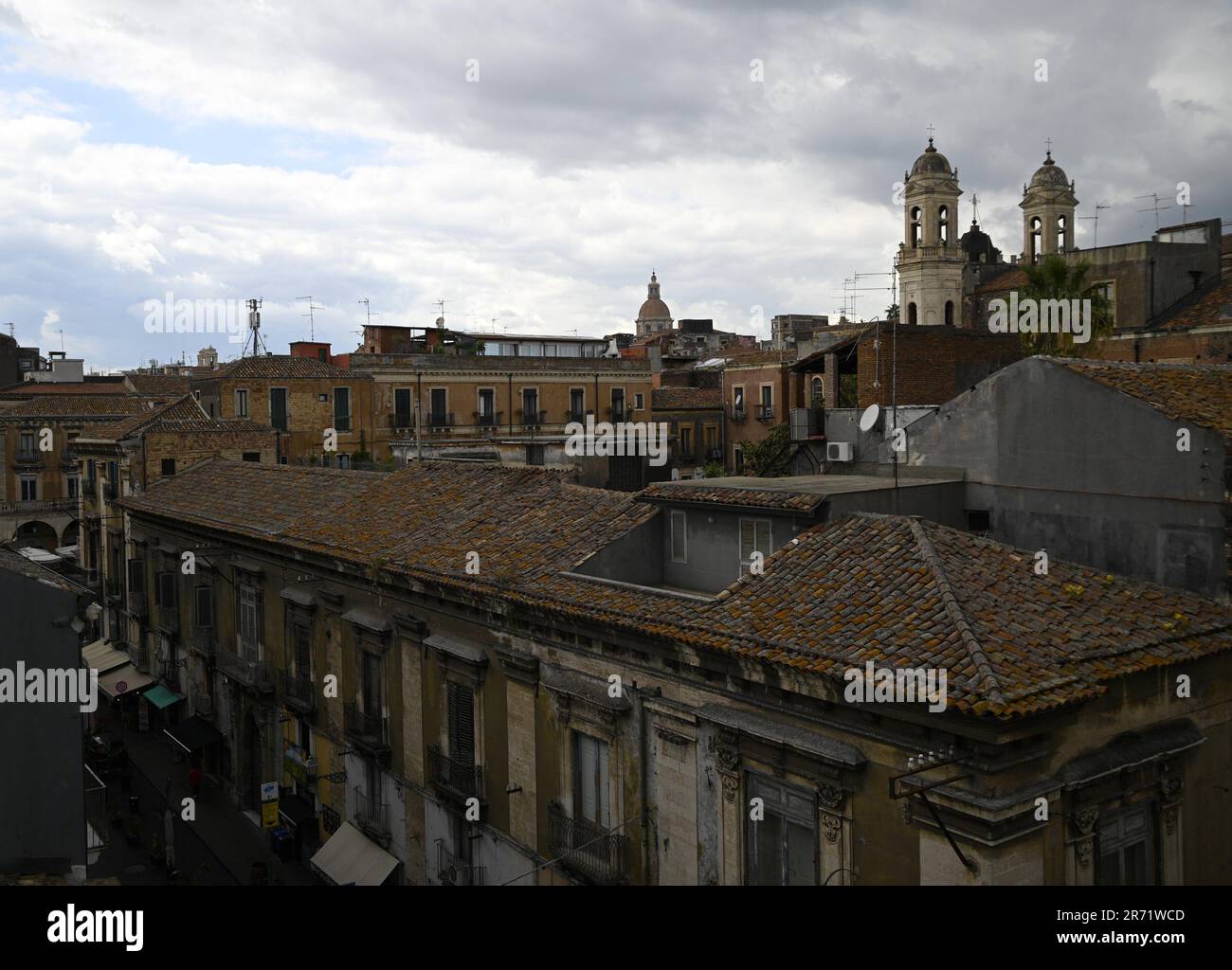 Cityscape with scenic view of antique terra cotta tile rooftops and the ...