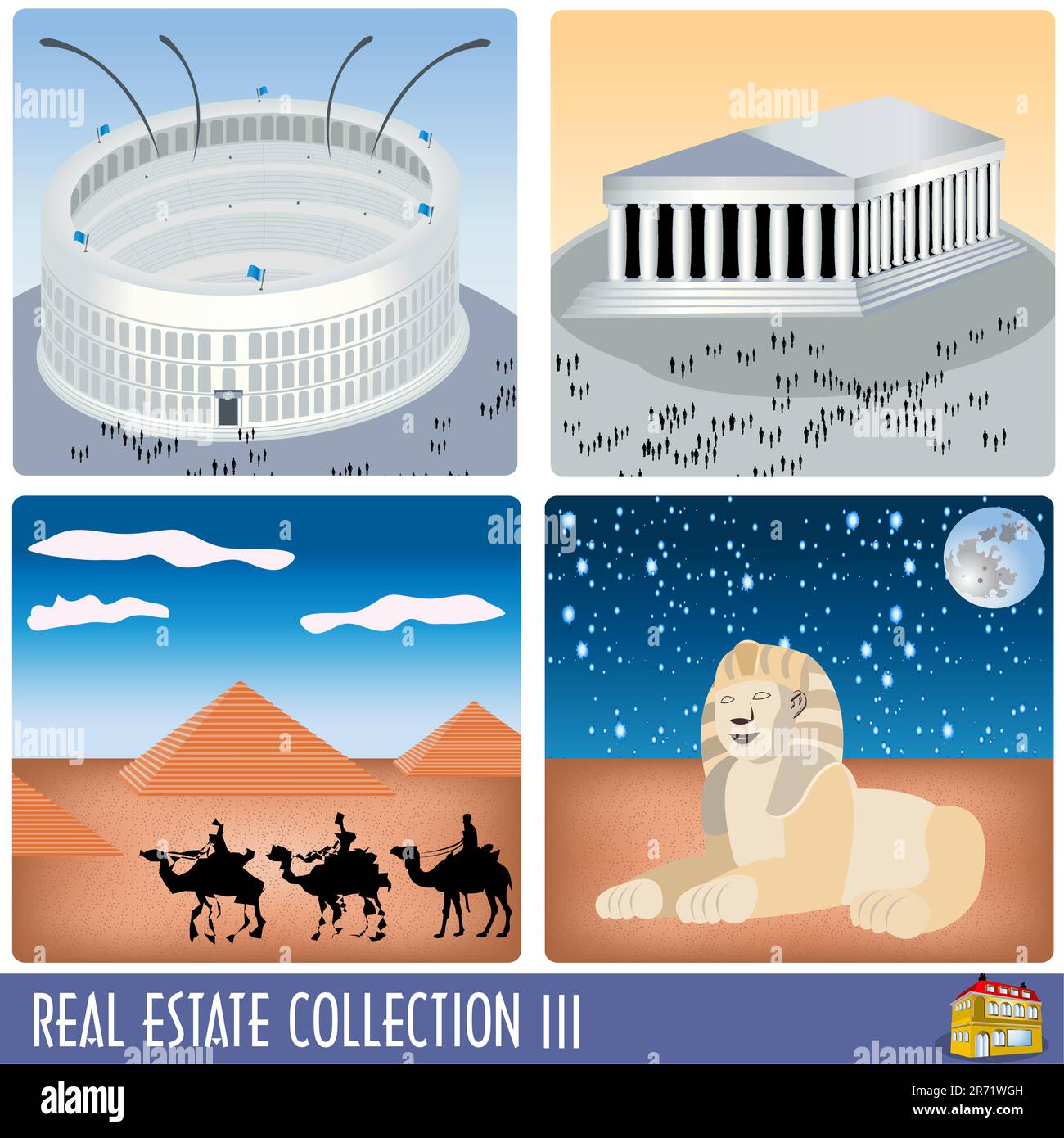 Vector illustration of four different ancient buildings Stock Vector ...