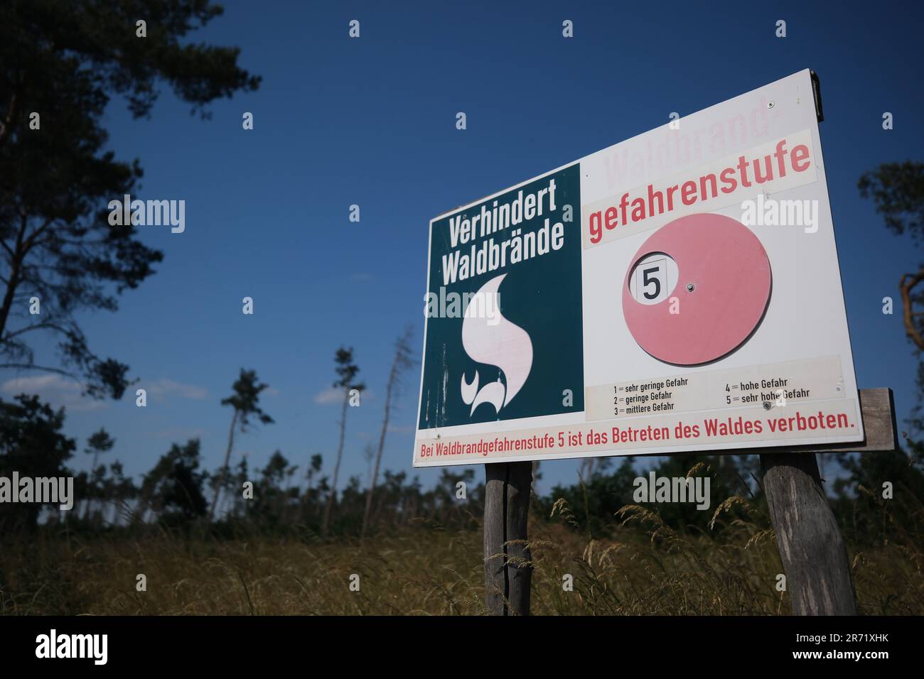 Reibitz, Germany. 12th June, 2023. A forest fire warning sign reading ...
