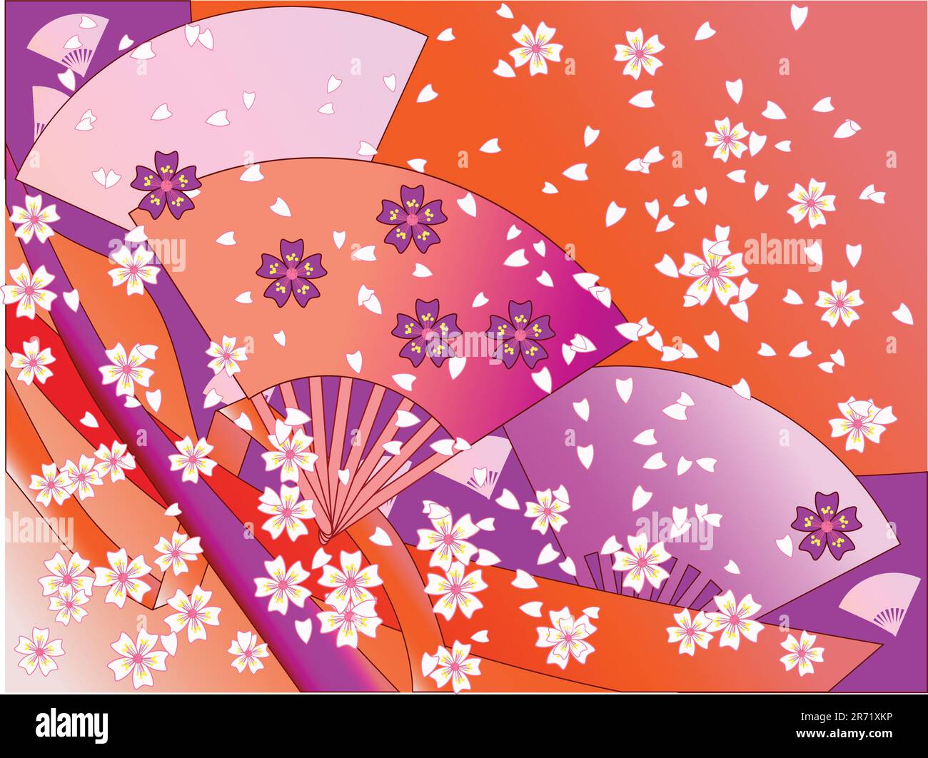 vector traditional japanese fans, ribbons and cherry blossom flowers ...