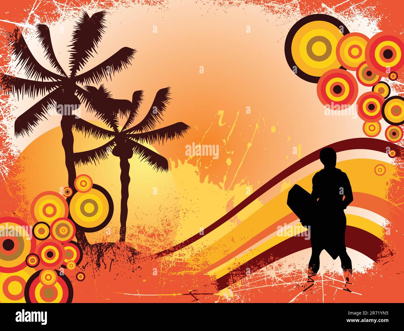 vector eps10 illustration of a surfer silhouette on an abstract summer ...