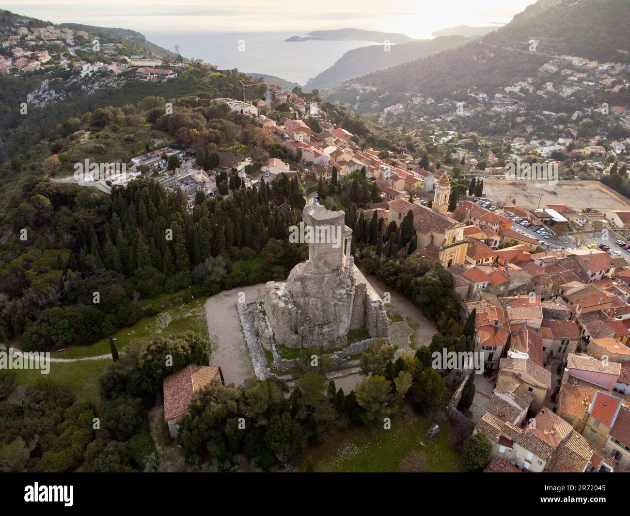 Aerial view of the Tropaeum Alpium monument, an ancient Roman monument ...