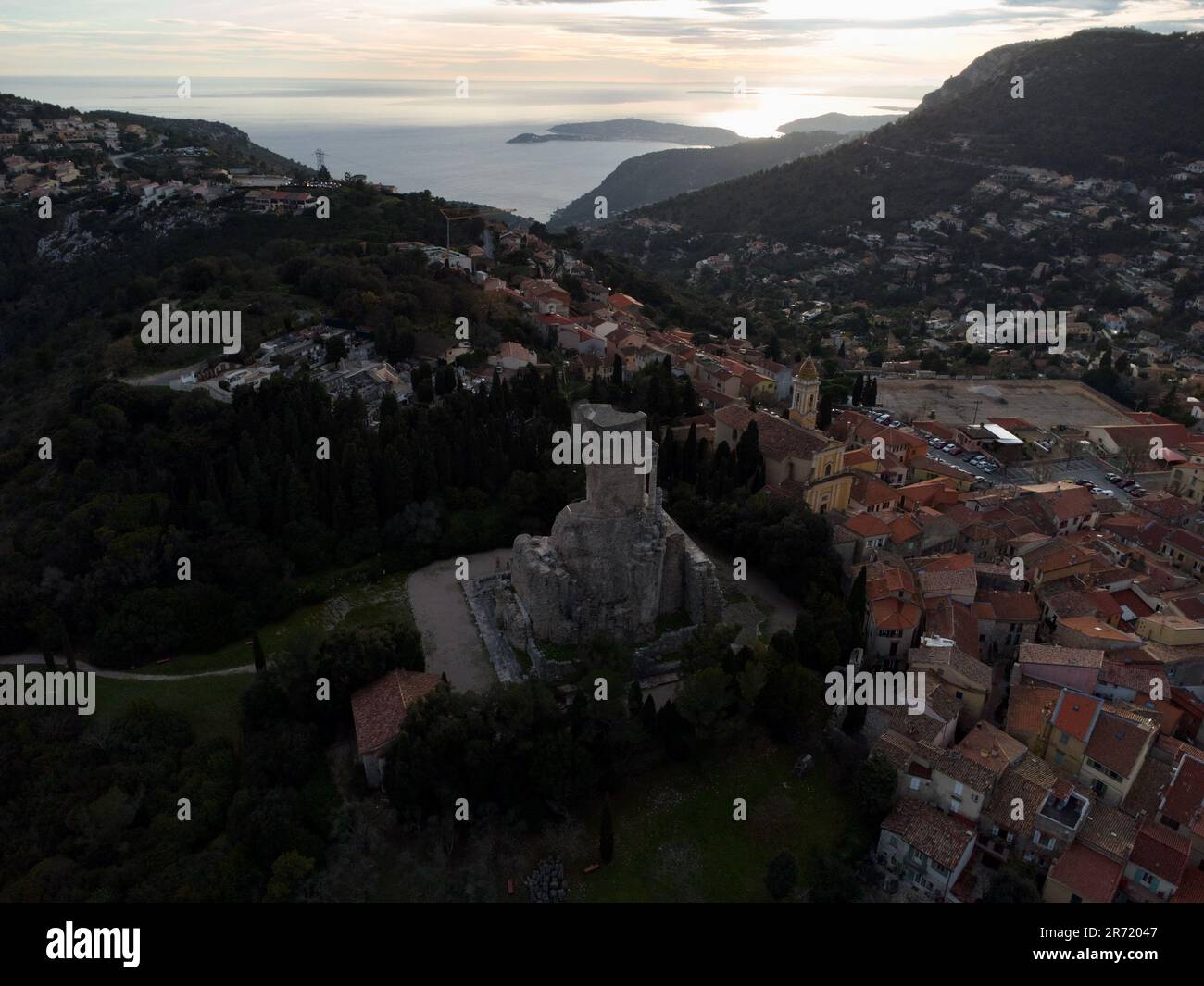 Aerial view of the Tropaeum Alpium monument, an ancient Roman monument ...