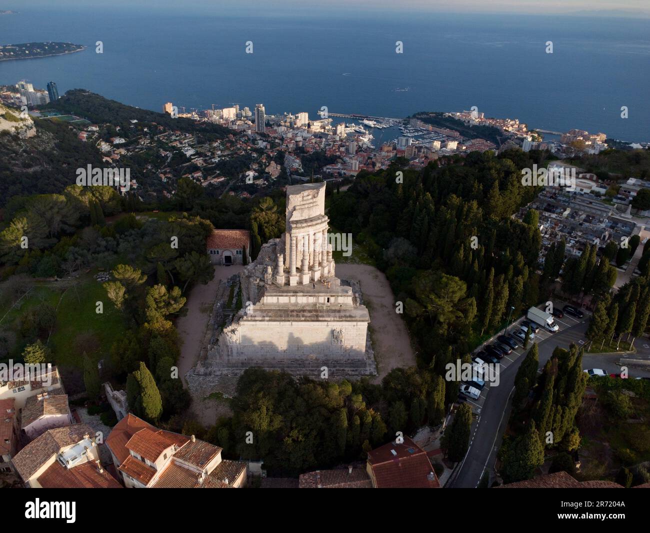 Aerial view of the Tropaeum Alpium monument, an ancient Roman monument ...