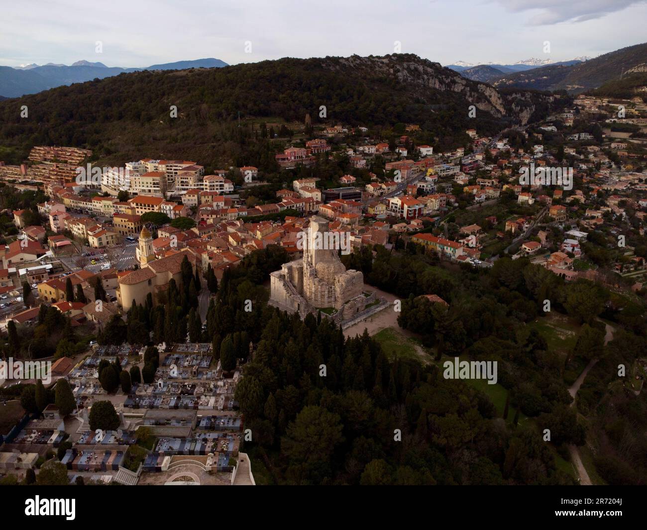 Aerial view of the Tropaeum Alpium monument, an ancient Roman monument ...