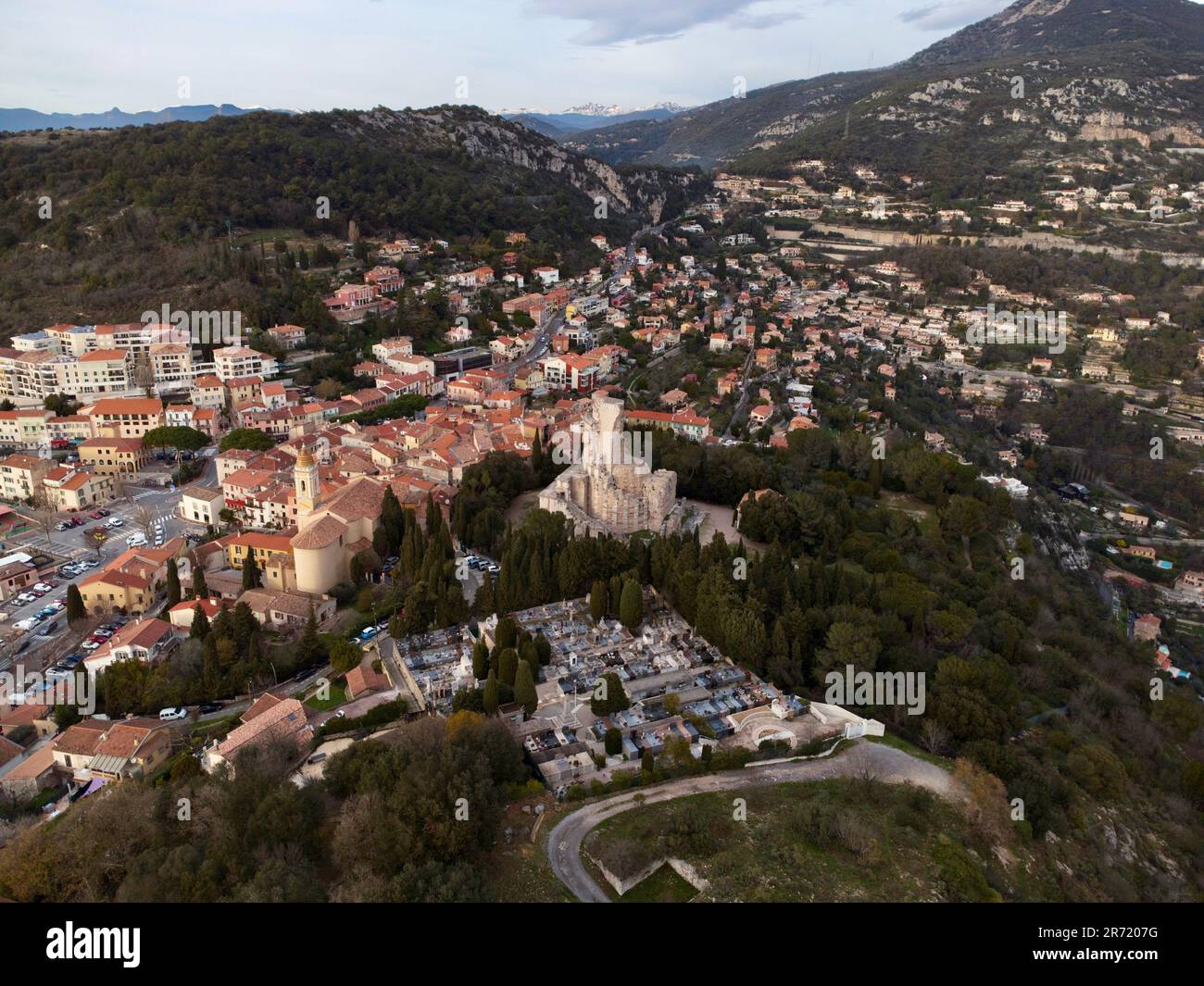 Aerial view of the Tropaeum Alpium monument, an ancient Roman monument ...