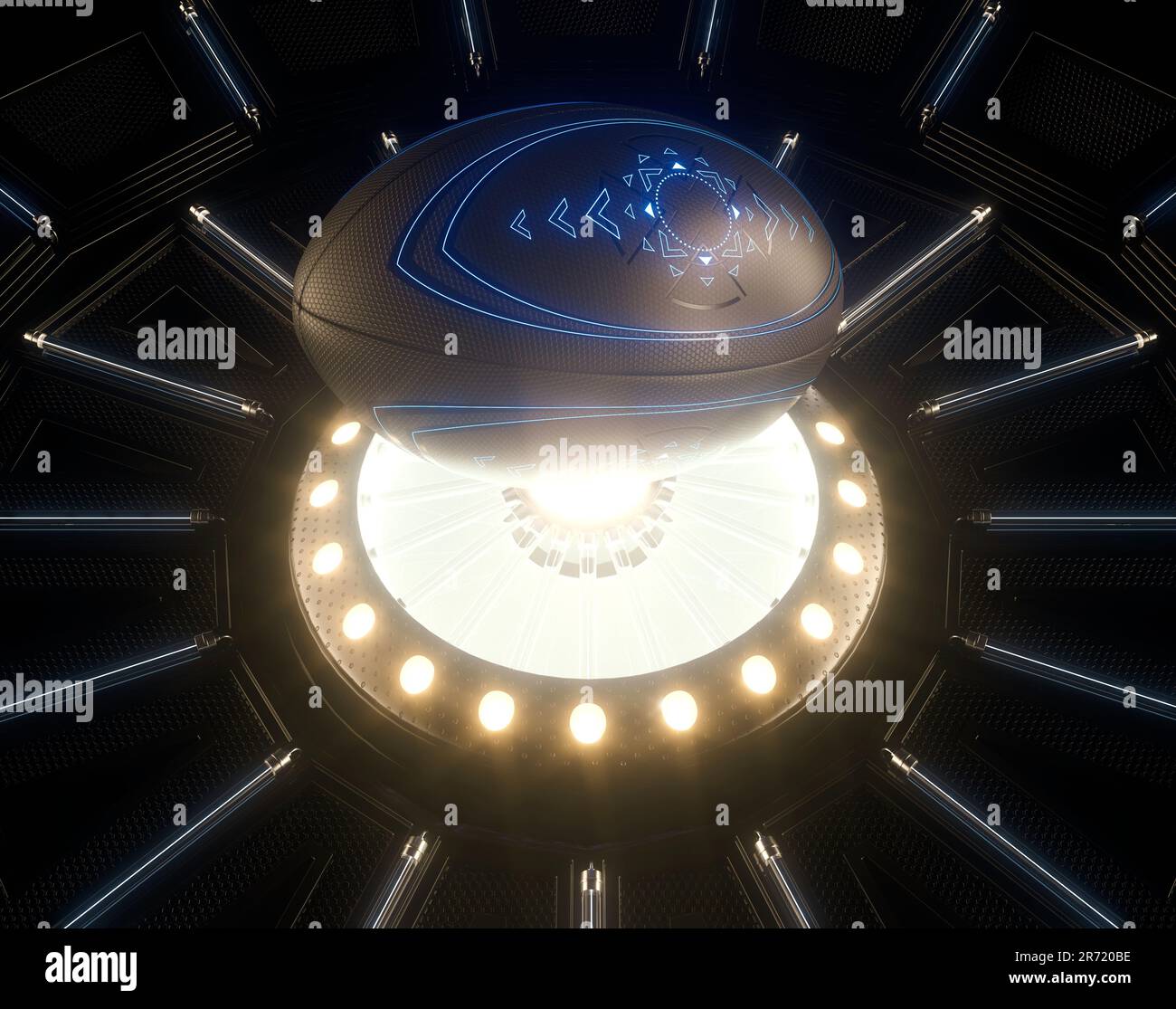 A futuristic sports concept of a rugby ball lit with neon markings ...