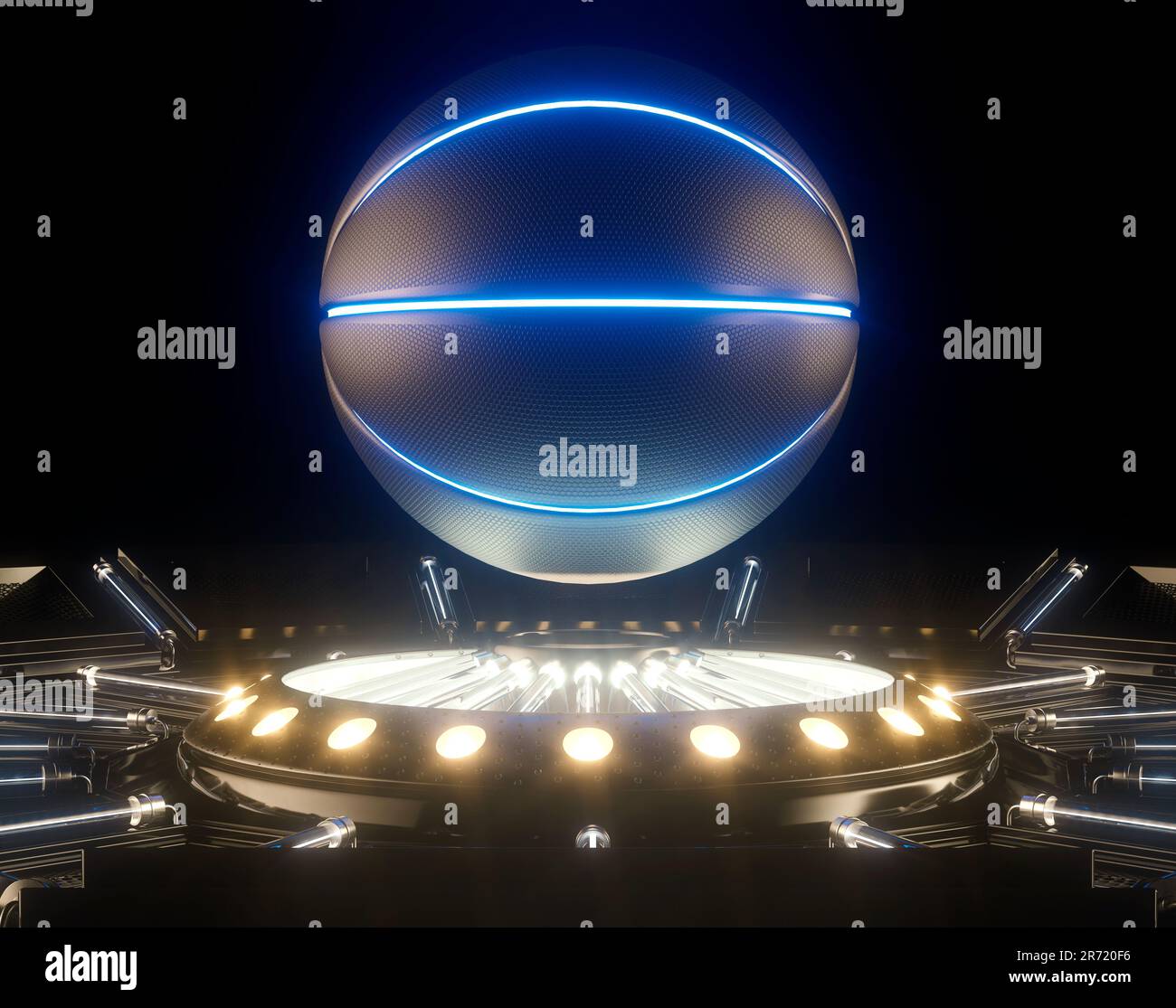 A futuristic sports concept of a basketball ball lit with neon markings ...
