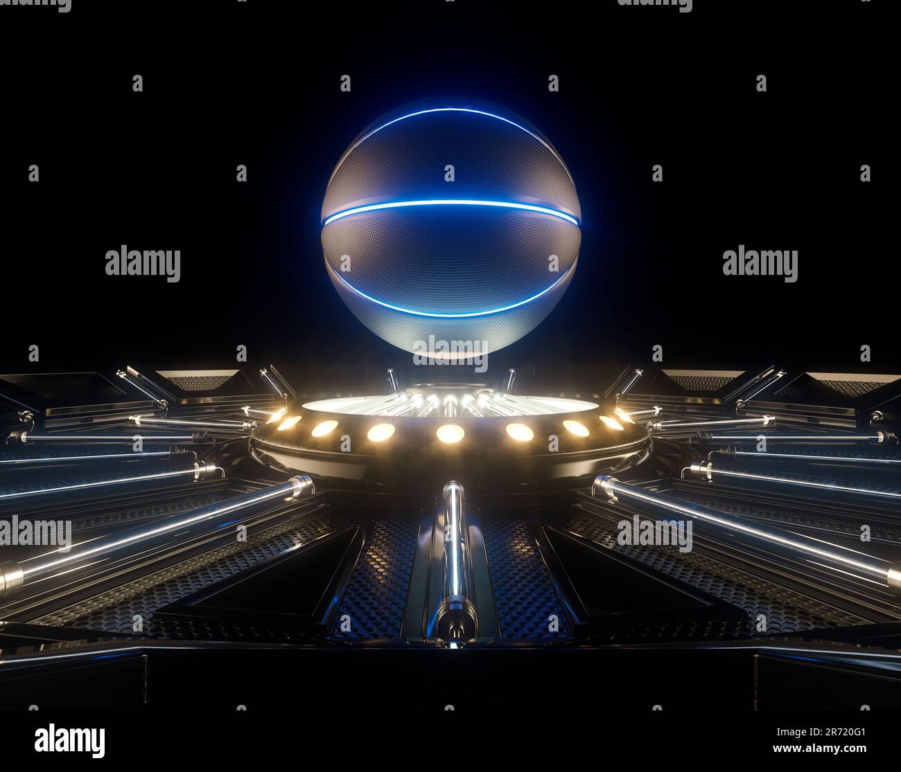 A futuristic sports concept of a basketball ball lit with neon markings ...