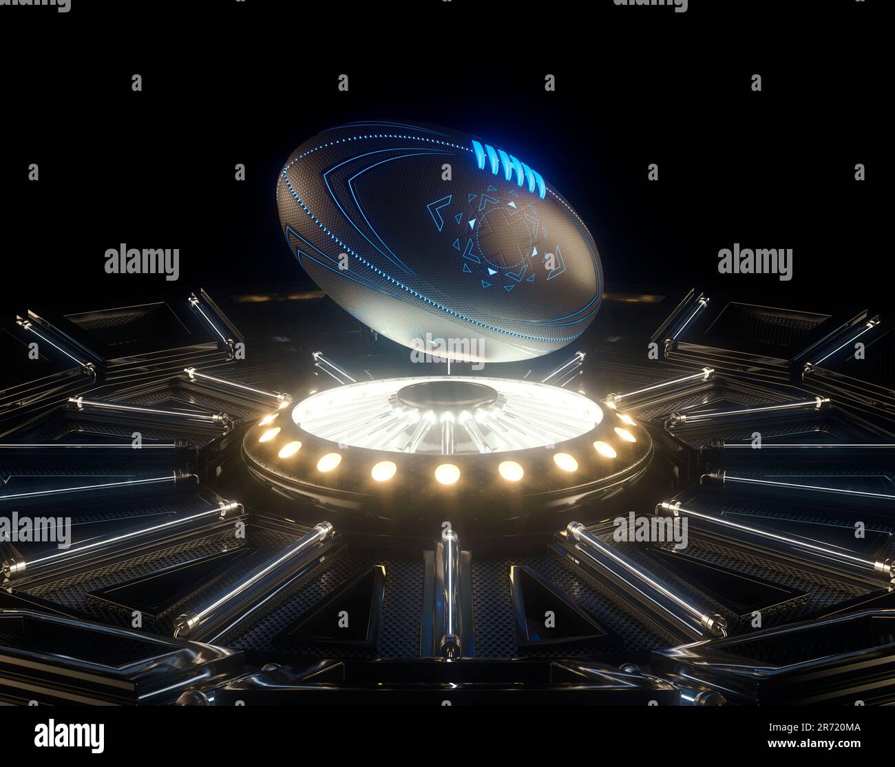 A futuristic sports concept of an aussie rules ball lit with neon ...