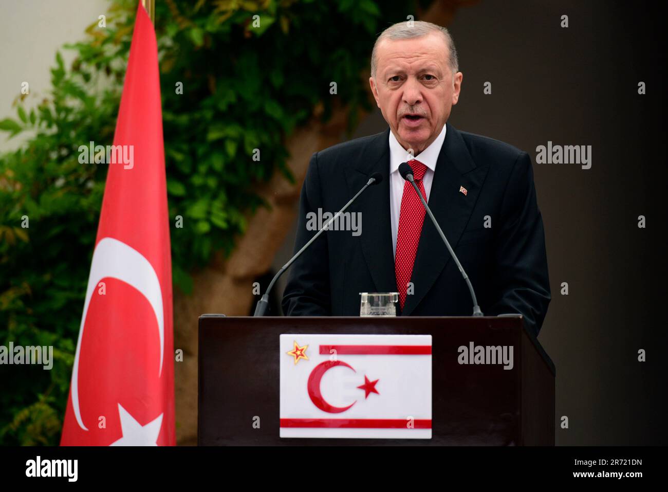 Turkish President Recep Tayyip Erdogan talks to the media during a ...