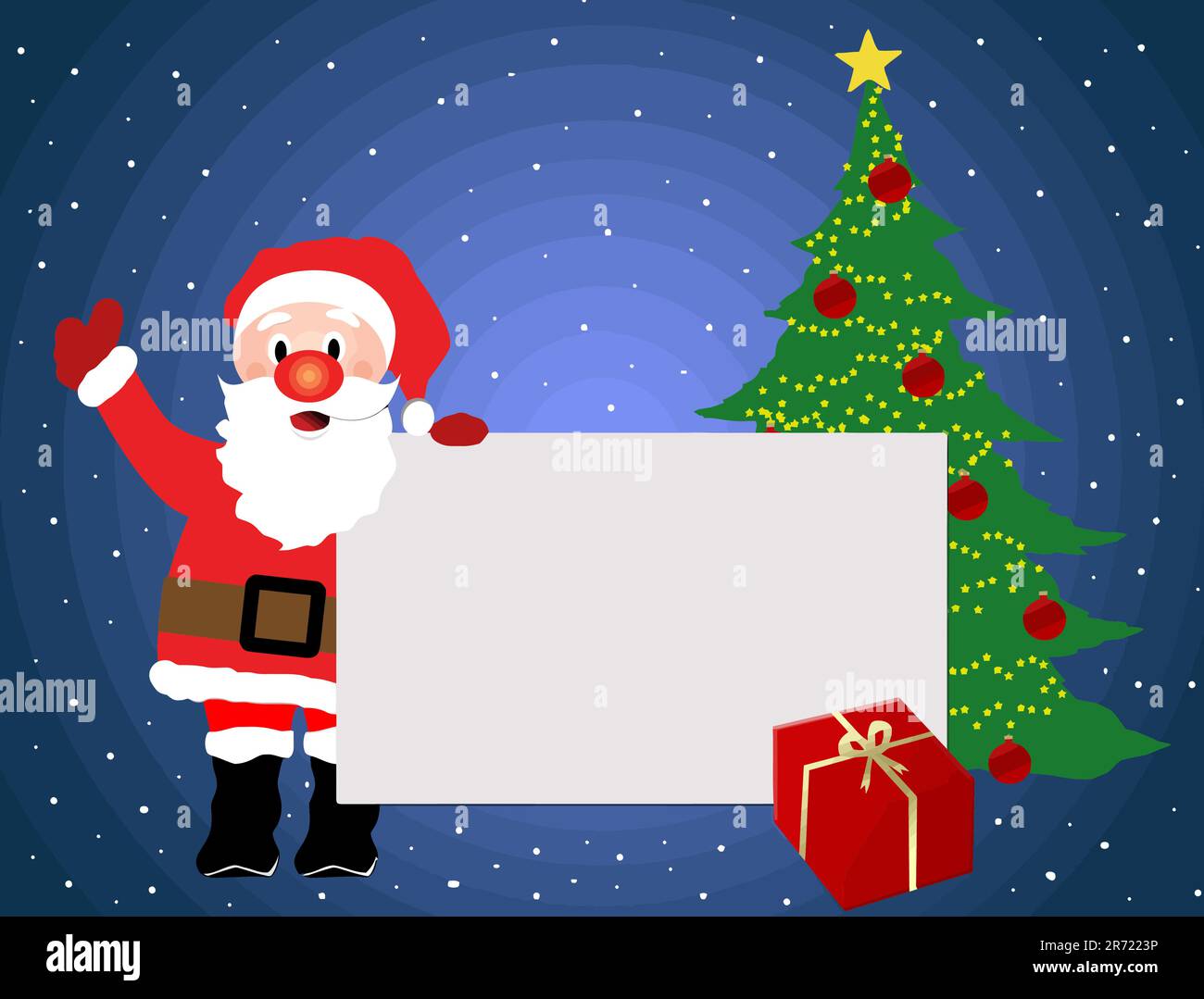 Santa Claus advertising with blank poster, gift and christmas tree ...