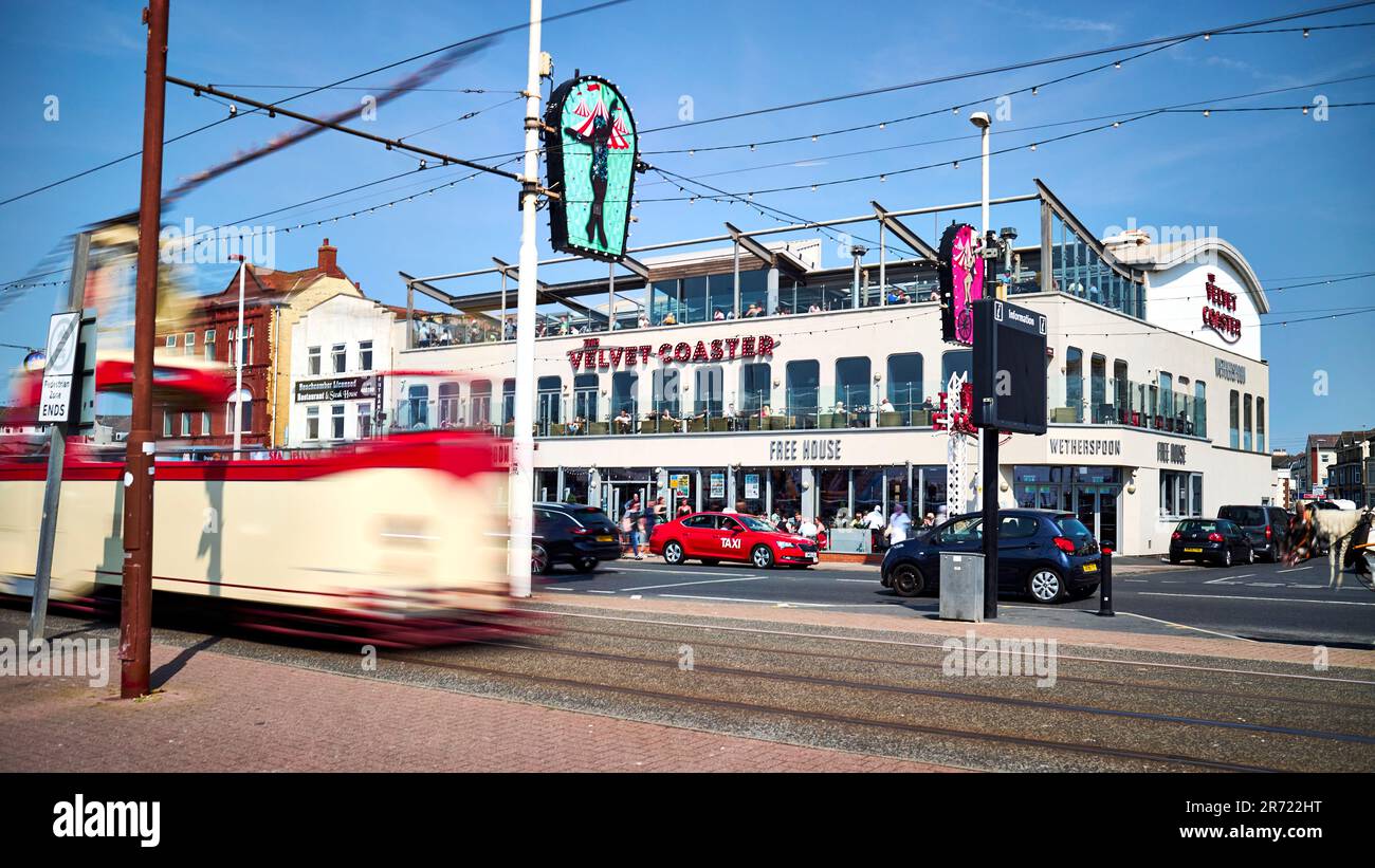 Single deck open tram operating along Blackpool Promenade Stock Photo ...