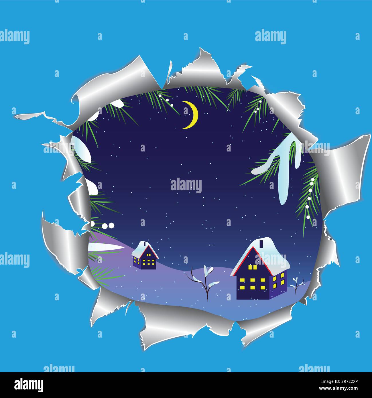 Hole in paper into the winter snowy landscape. Vector illustration ...
