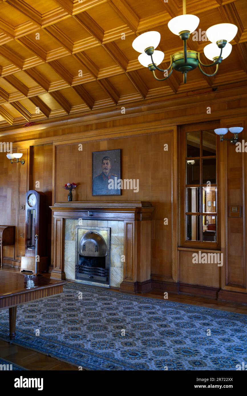Fireplace room at Stalin's Dacha with a portrait of the leader of the ...