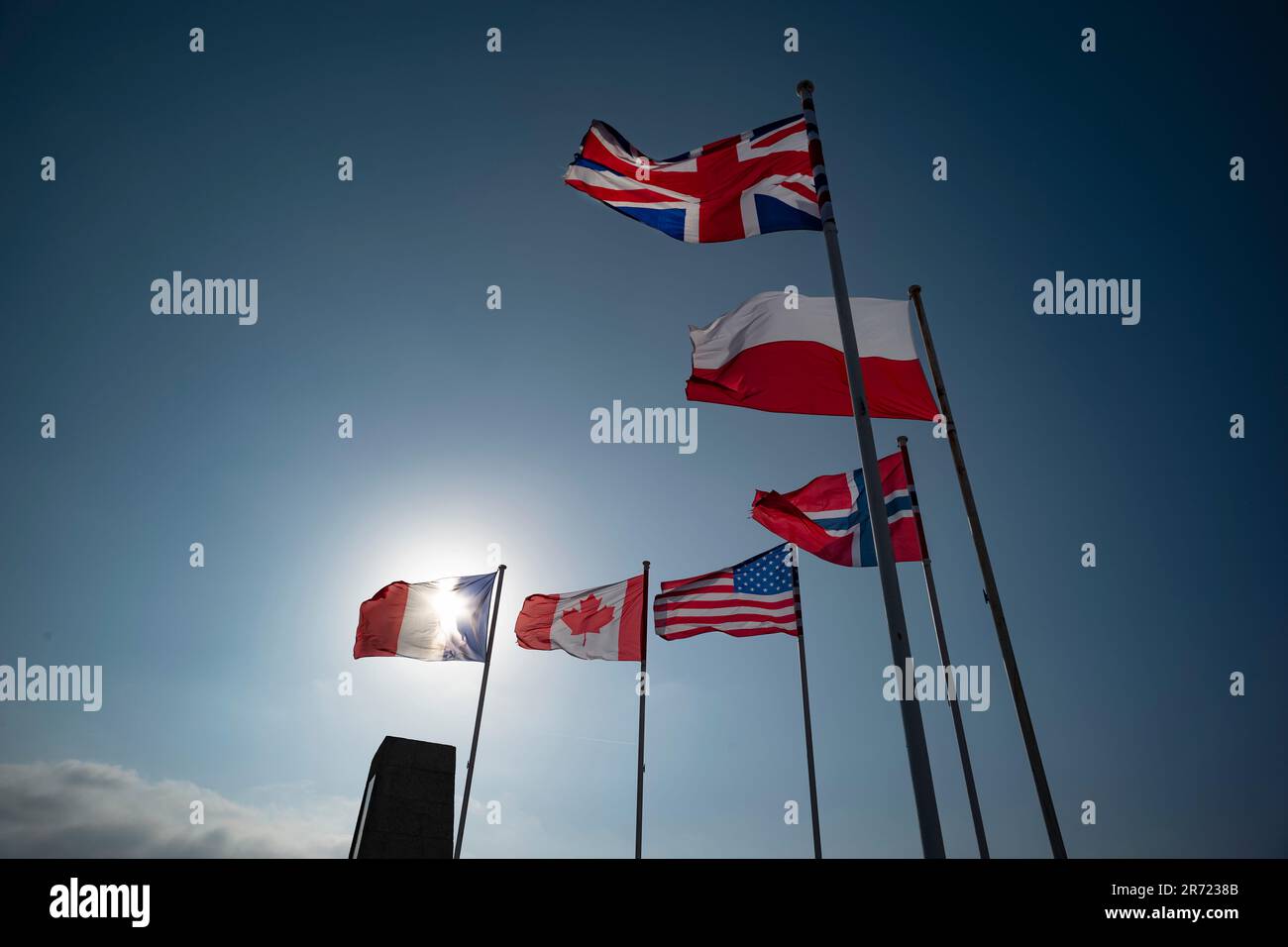 Courseulles sur Mer Juno Beach Normandy June 2023 Flags from all the nations that participated ...