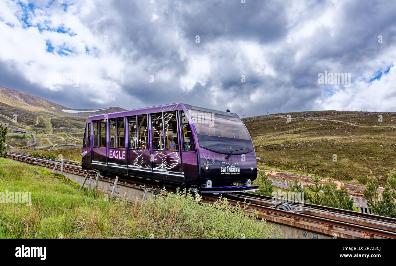 Aviemore Scotland early summer Cairngorm Mountain the Eagle funicular railway train and last of ...
