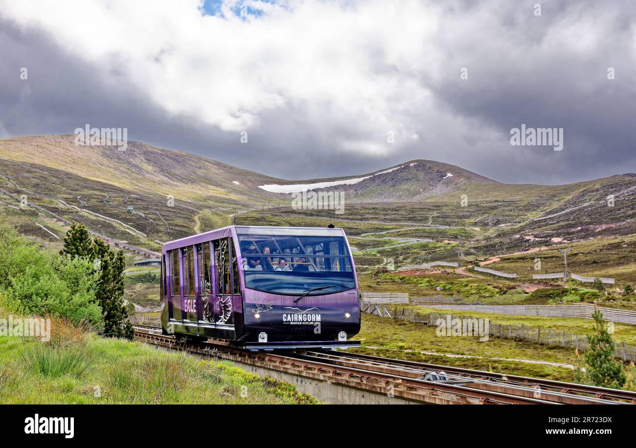 Aviemore Scotland early summer Cairngorm Mountain the Eagle funicular railway train and last of ...