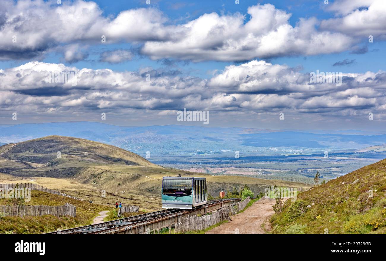 Aviemore Scotland early summer Cairngorm Mountain the Hare funicular railway train and view ...