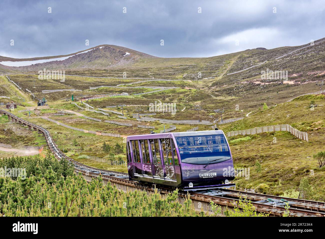 Aviemore Scotland early summer the Cairngorm Mountain the Eagle funicular railway train and last ...