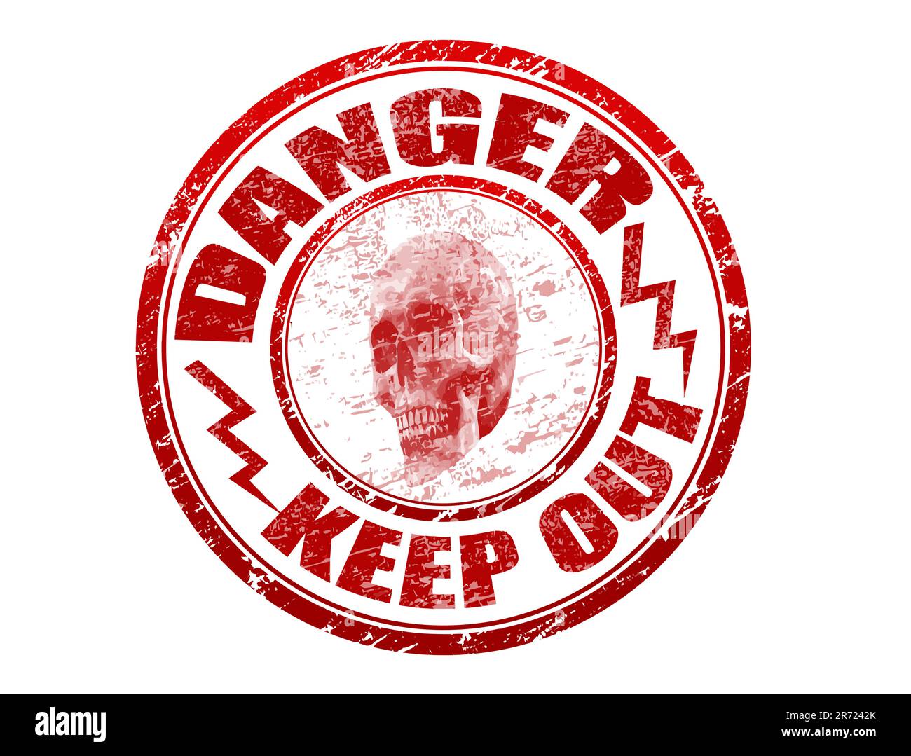 Abstract red rubber office stamp with skull, electricity symbols and ...