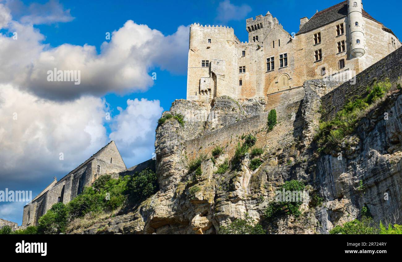 Aerial view of the magnificent 11th century castle of Beynac perched ...