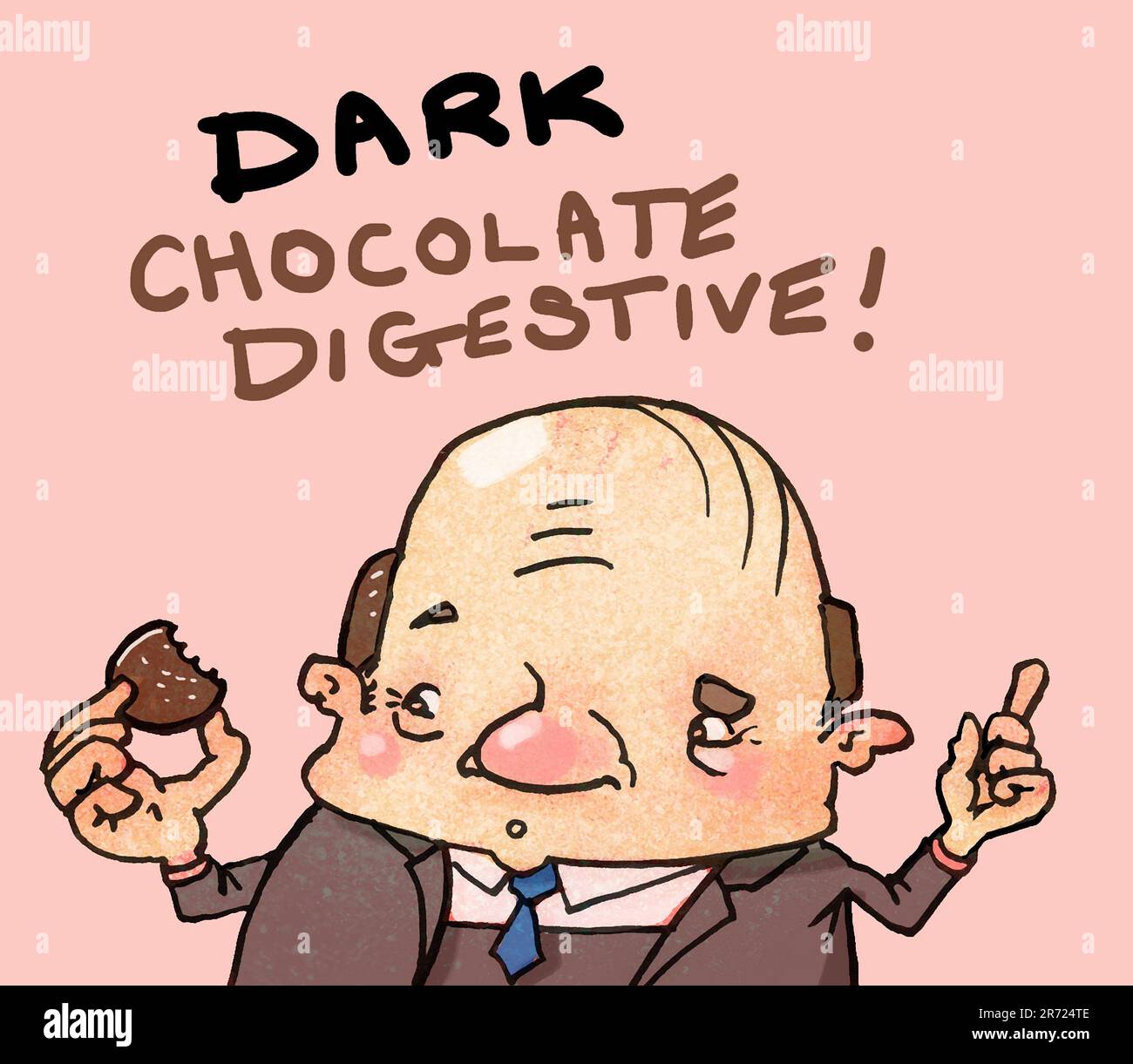 Middle aged man wearing a suit, holding a dark chocolate digestive ...