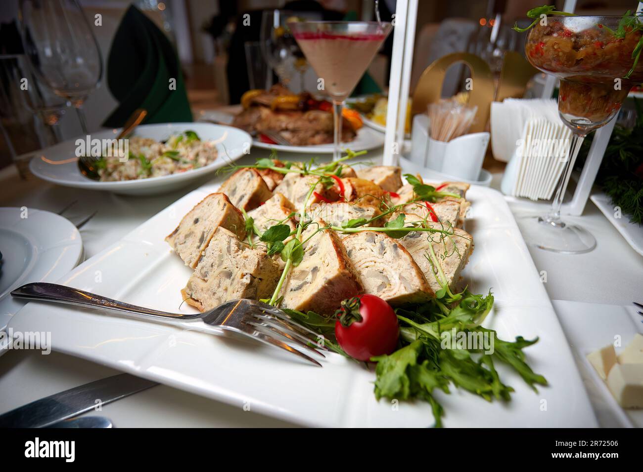 Exquisite Stuffed Chicken Presentation on Banquet Table, Bokeh ...