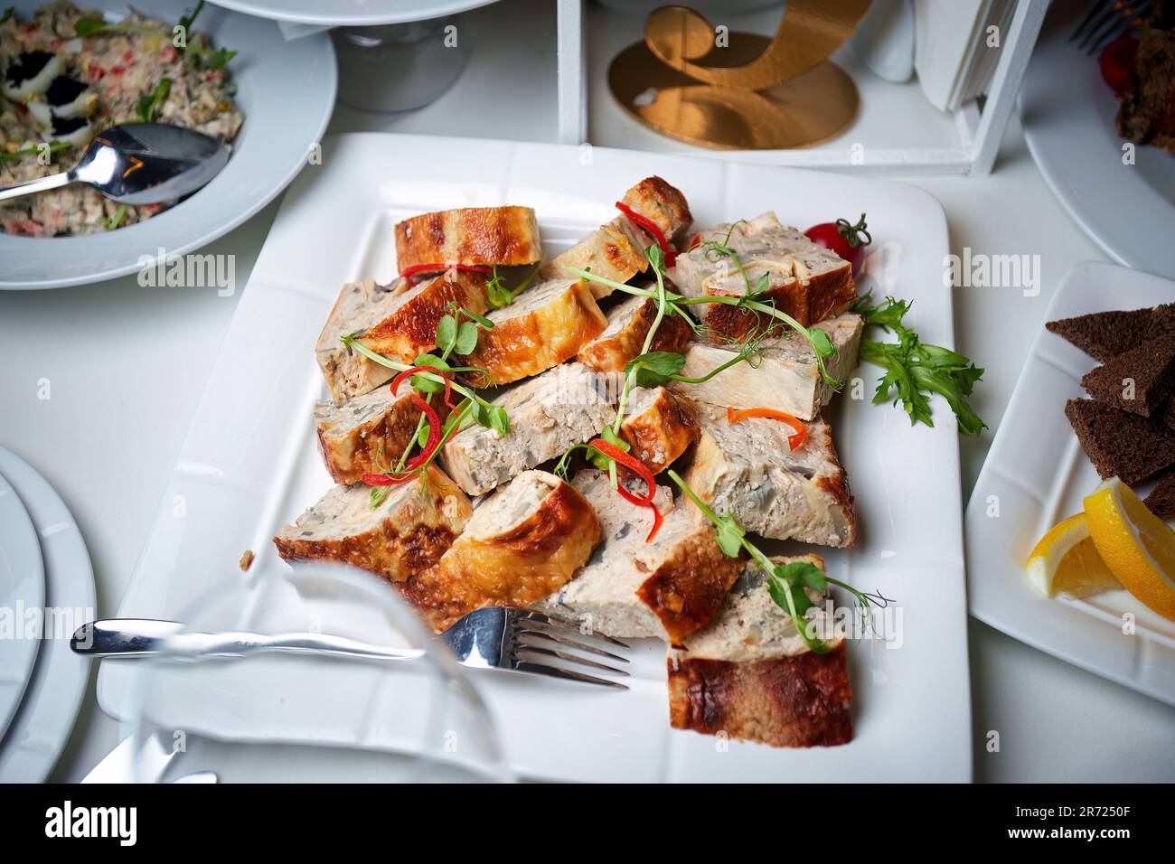 Exquisite Stuffed Chicken Presentation on Banquet Table, Bokeh ...