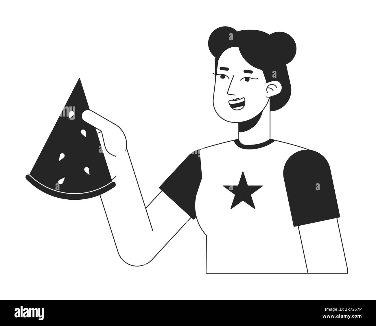 Cheerful asian girl holding watermelon slice bw vector spot ...