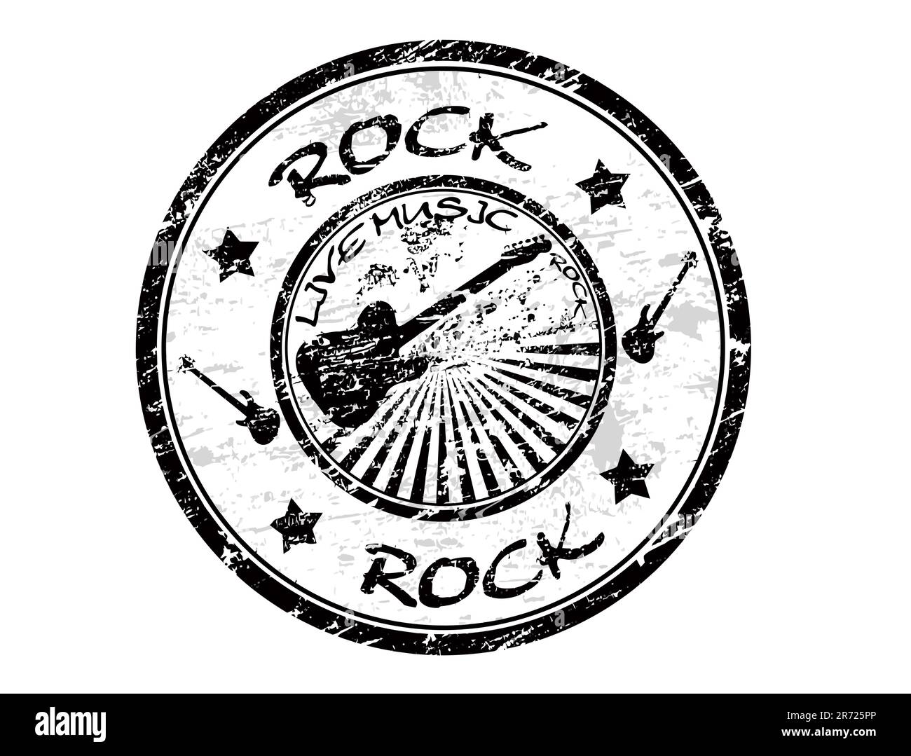 Grunge rubber stamp with the guitar and the word Rock written inside ...