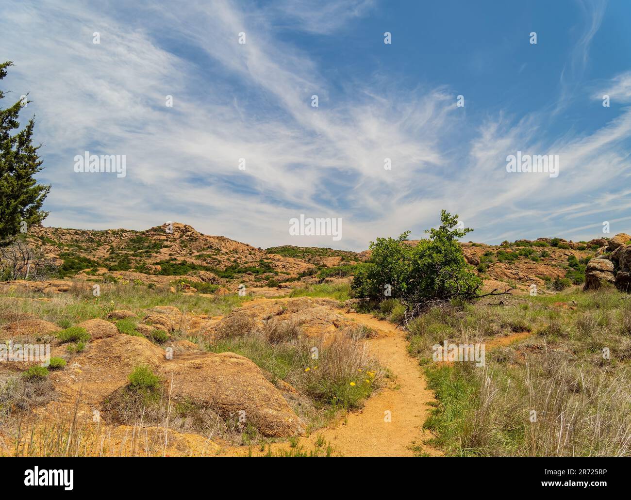 Sunny view of the Treasure Lake trail landscape of Wichita Mountains ...