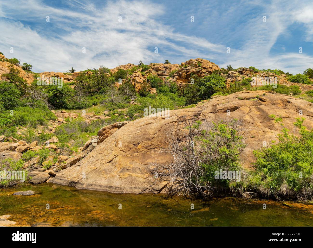 Sunny view of the Treasure Lake landscape of Wichita Mountains National ...