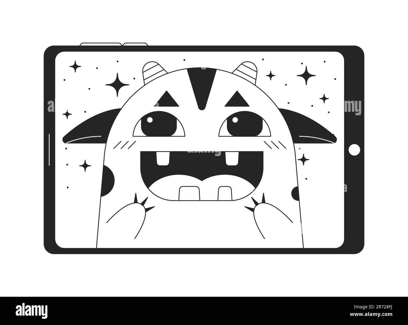 Happy monster on tablet computer line art vector cartoon icon Stock ...
