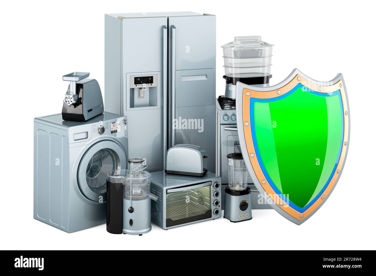 Kitchen and home appliance with shield, 3D rendering isolated on white ...