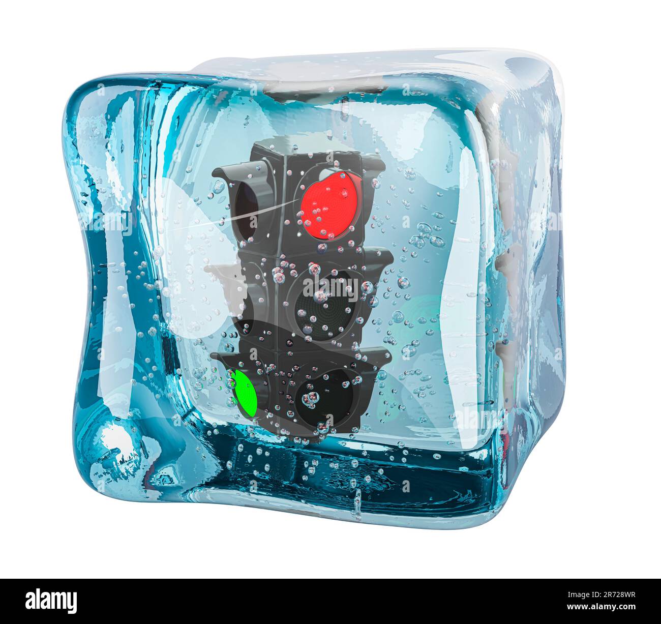 Traffic light frozen in ice cube, 3D rendering isolated on white ...