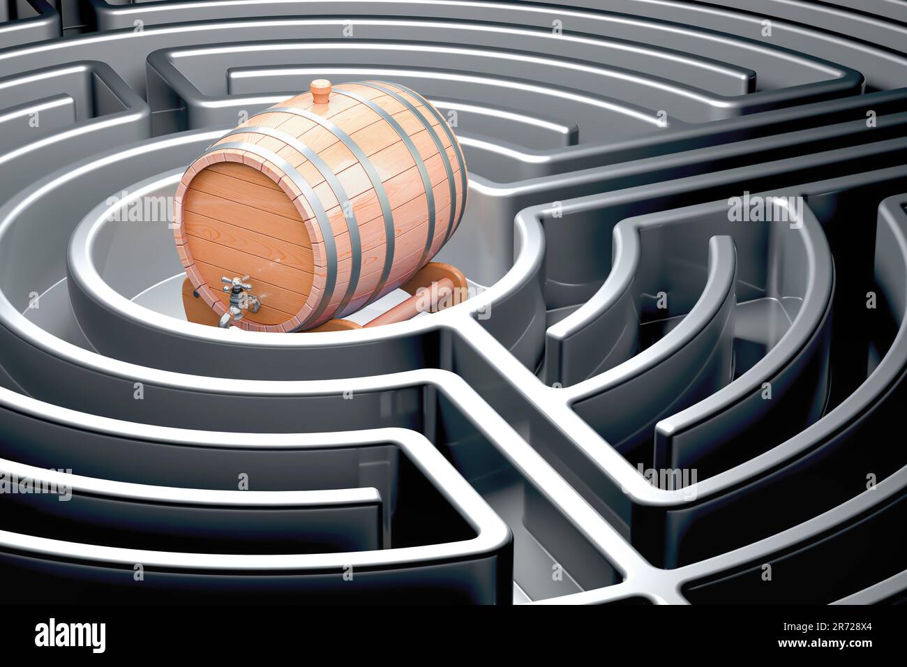 Wooden barrel inside dark labyrinth, 3D rendering Stock Photo - Alamy
