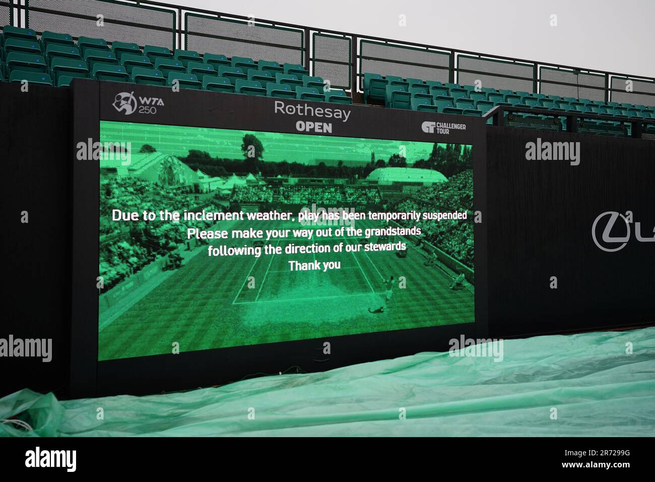 A general view during a rain delay during day one of the Rothesay Open ...